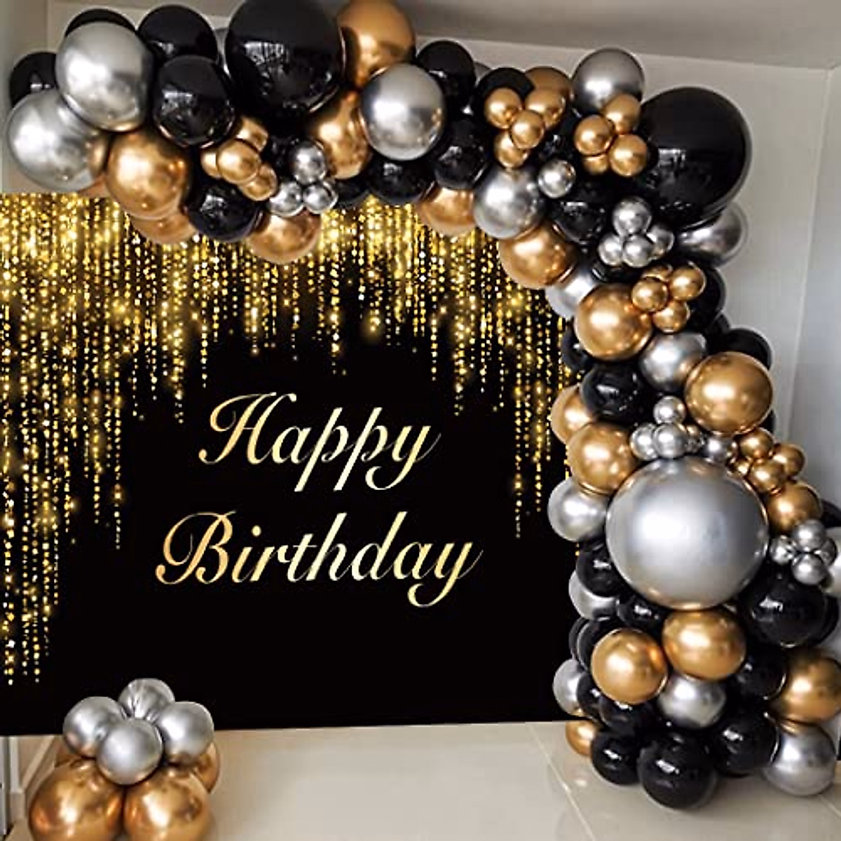 Dienalls 7x5ft Happy Birthday Backdrop for Women Girls Black and Gold Glitter Bokeh Sequin Spots Background for Photography Golden Sparkle Shining Photo Booth Props Party Banner Cake Table Decor