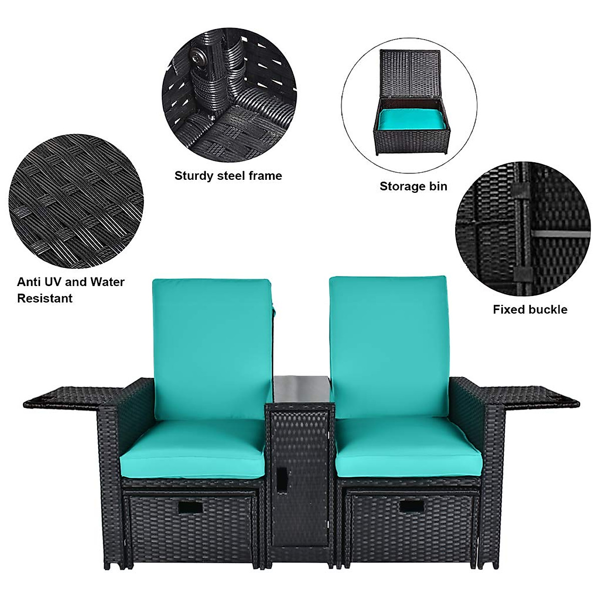 VUYUYU 5PCS Outdoor Wicker Chaise Lounge Chair - Rattan Adjustable Reclining Patio Lounge Chair with Ottoman and Coffee Table, for Patio Beach Pool Backyard (Black Wicker Turquoise Cushion)