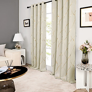 Deconovo Gold Wave Print Blackout Curtains for Bedroom, Thermal Insulated Curtains for Living Room, Room Darkening Drapes (Light Beige/Wave, 52x63 Inch, 2 Panels)