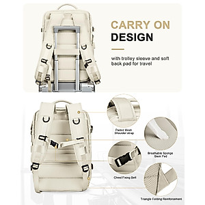 Large Travel Laptop Backpack, Expandable Flight Approved Backpack, Carry on Backpack for Women, Waterproof 17inch Laptop Hiking Backpack with Shoe Compartment, Beige