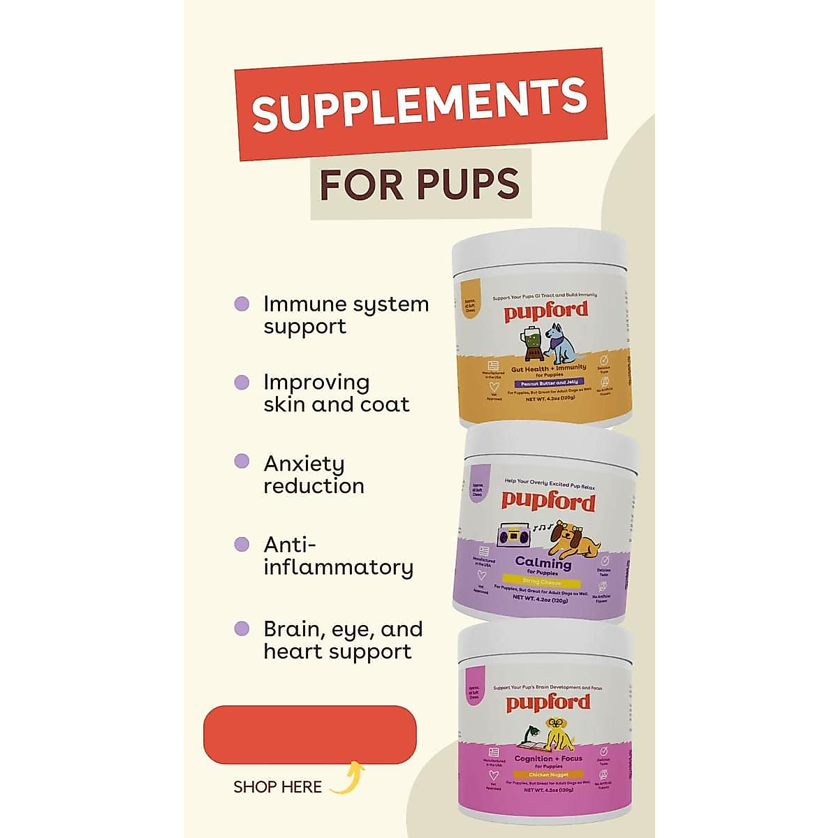 Pupford Calming Supplement for Puppies and Adult Dogs, Made in The USA, Vet Approved, No Artificial Flavors, String Cheese, Net Wt. 4.2 oz (120g)