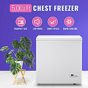 Chest Freezer 5.0Cubic Feet with Intelligent Temperature Control(-15°F to 41°F), Deep Freezer with TWO Hanging Baskets and Side Defrost Water Drain, Top Open Door Freezer White