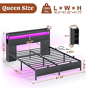 Unikito Queen Bed Frame with Bookcase Storage Headboard and LED Light, Queen Size Bed with Slide Bedside Cabinet and Charging Station, Heavy Duty Metal Slat, No Box Spring Needed, Noise Free, Black