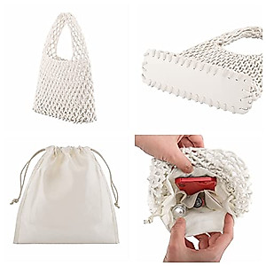 Ayliss Women Mini Clutch Handbag Tote Cotton Crochet Bucket Top-handle Drawstring Beach Woven Fishing Net Pouch Purse (Ivory)