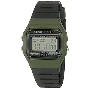 Casio Unisex Watch in Resin/Acrylic Glass with Date Display and LED Light - Water Resistance & Alarm, Green, 38.2 x 35.2 x 8.5 mm, Strap (F-91WM-3AEF)
