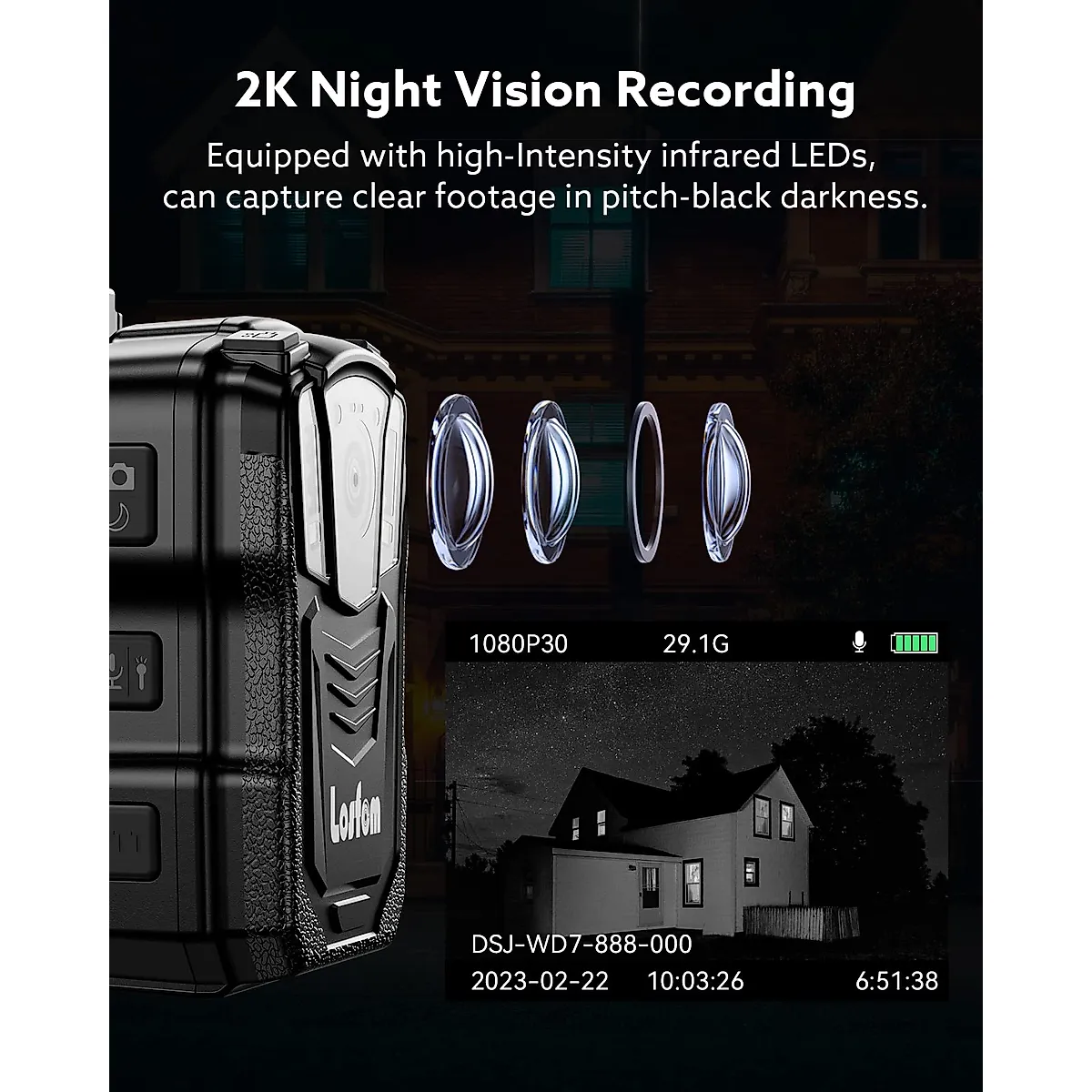 Losfom WD7 2K Body Camera, GPS 128G Body Worn Camera, Built-in 4600MAH Battery for 16H Recording, 1440P Body Mounted Camera，IP67 Waterproof Cam, Wearable Camera for Outdoor,Sport, Home