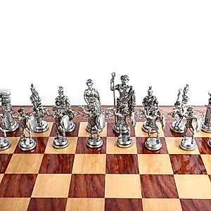 Metal Chess Set for Adult Historical Antique Copper Rome Figures Handmade Pieces and Natural Solid Wooden Chess Board with Original Pearl Around Board and Storage Inside King 4 inc