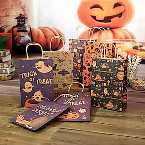 Betdzzt 24Pcs Halloween Bags, 10 * 7 * 3 in Party Favor Bags With Hand Goodie Bags, Paper Trick or Treating Gift Bag Bulk in 6 Halloween Colored Candy Bags for Party Supplies Paper Bags