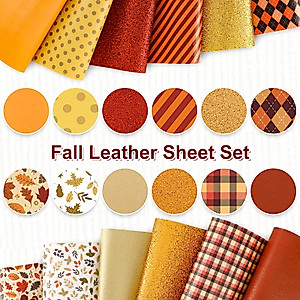 Whaline Fall Faux Leather Sheets 8 x 12 Inch Plaids Stripe Maple Leaves Synthetic Leather Fabric Glittery Orange Red Gold Faux Leather for Autumn Harvest Thanksgiving DIY Craft Earring Hair Bow, 12Pcs