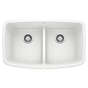 BLANCO, White 442199 VALEA SILGRANIT 50/50 Double Bowl Undermount Kitchen Sink with Low Divide, 32" X 19"