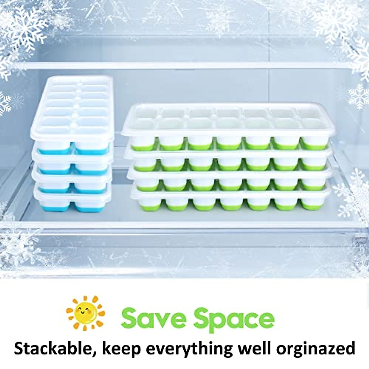 Silicone Ice Cube Tray, 4 Pack Easy-Release & Flexible 14-Ice Cube Trays with Spill-Resistant Removable Lid, Stackable Ice Trays with Covers for Freezer, Cocktail