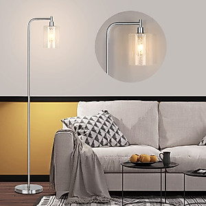 QiMH Industrial Floor Lamp for Living Room, Modern Standing Lamp with HD Glass Lampshade and Pedal Switch, 67” Tall Pole Light for Bedroom Study Room, Brushed Silver (2700K LED Bulb Included)