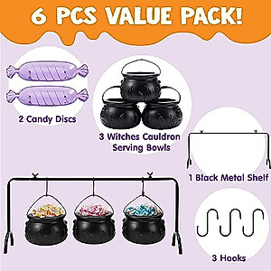 JOYIN 3 Witches Cauldron Serving Bowls, 2 Purple Candy Discs, a Black Metal Shelf with 3 Hooks, 6 PCS Halloween Party Decoration Set Black Plastic Candy Bucket Cauldron Bowls, for Halloween Outdoor and Indoor Decor