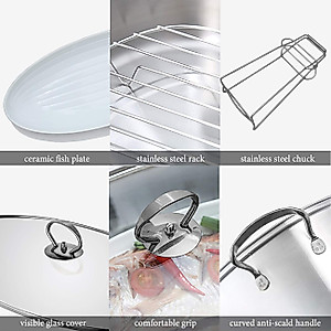 Eglaf 8Qt Stainless Steel Fish Steamer - Multi-Use Oval Cookware with Rack, Ceramic Pan, Chuck - Stockpot for Steaming Fish, Boiling Soup