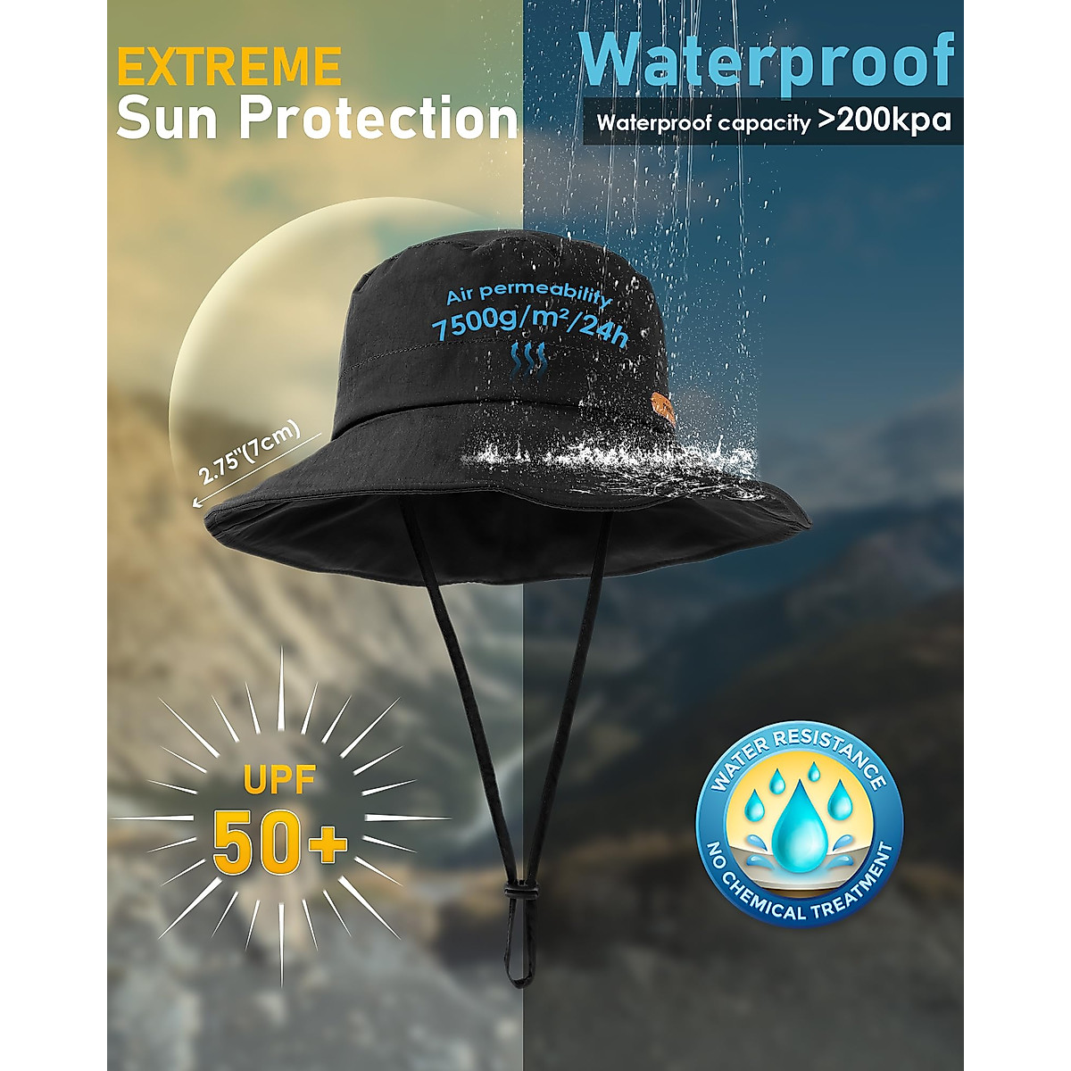 Waterproof Bucket Hats for Women Men Foldable Brim UPF 50+ Floppy Cowboy Rain Hat UV Protection Boonie Sun Hats for Hiking Black