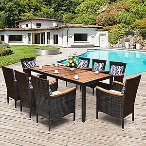 ReunionG 9PCS Outdoor Patio Dining Set, Garden Rattan Wick Furniture Set w/Acacia Wood Table and Stackable Armrest Chairs, Garden Dining Set for Patio, Poolside, Balcony and Indoor, Cushions Included