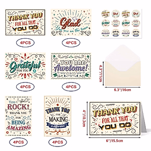 24 Employee Appreciation Cards - Thank You Cards with Envelopes & Stickers 6 Designs Colorful Encouragement Cards for Hand Written 4’’ x 6’’ Gratitude Cards for Appreciation Recognition Team Staff