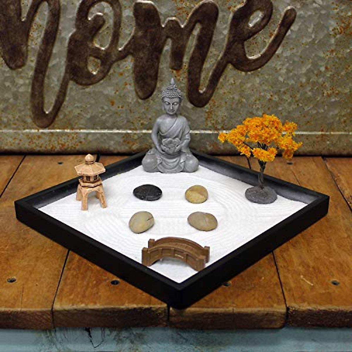 Nature's Mark Mini Zen Garden Kit for Desk with Rake, White Sand, Buddha, Bridge Black Square Base, River Rocks and Mini Blossom Tree (9Lx9W A)
