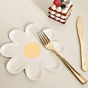 80Pcs Daisy Plates and Napkins, 7inch Paper Flower Shape Gold Foil Dishware Set Disposable Dessert Tableware for Daisy Party Decorations Daisy Baby Shower