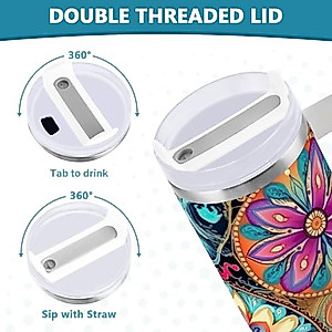 Jihqo Colorful Oriental Textile Tile 40 oz Stainless Steel Vacuum Insulated Tumbler with Handle and Straw Lid, Leakproof Water Bottle Double Wall Travel Mug Coffee Cup, Cupholder Friendly