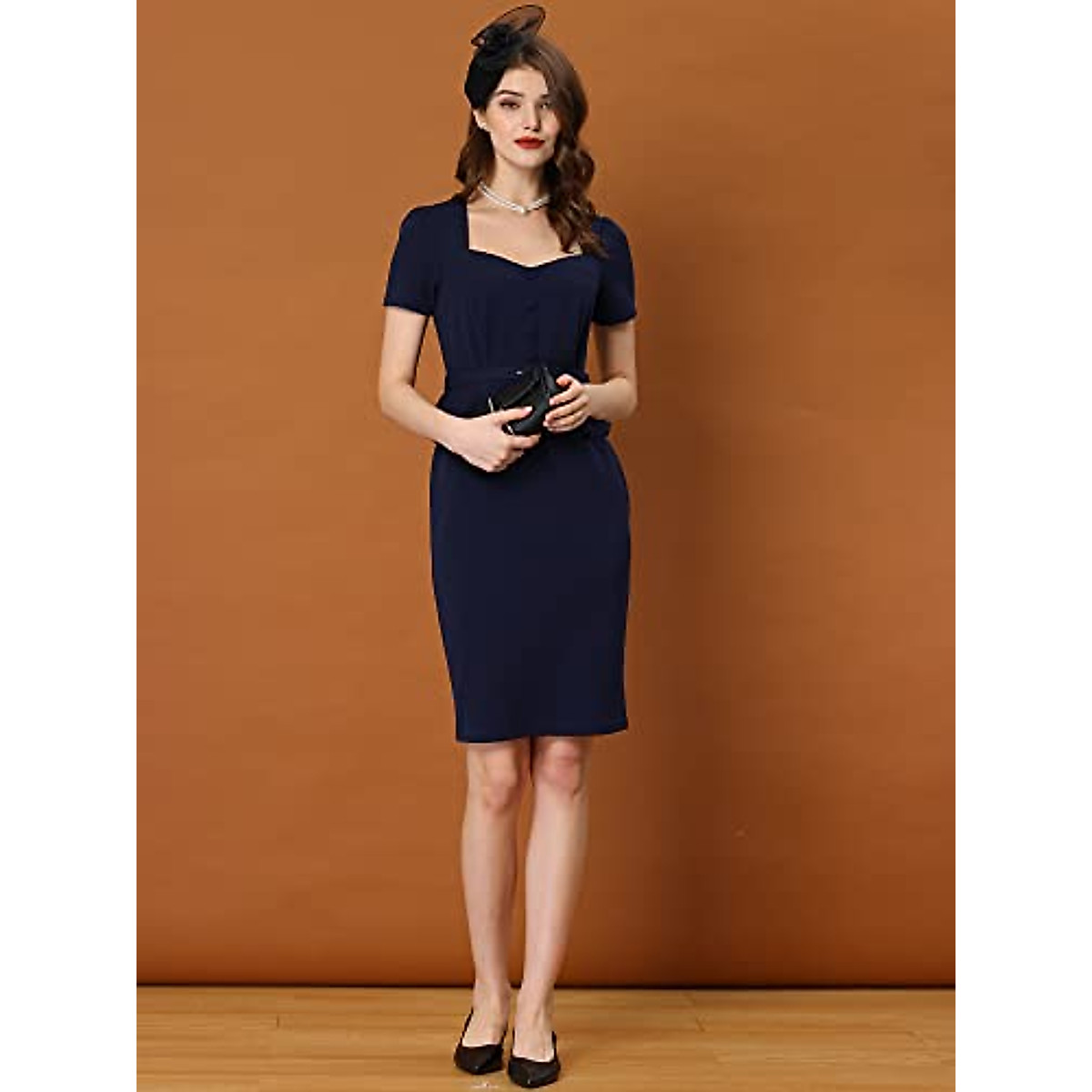 Allegra K Women's Peplum Sweetheart Neck Short Sleeve Wear to Work Office Sheath Dress Small Navy Blue
