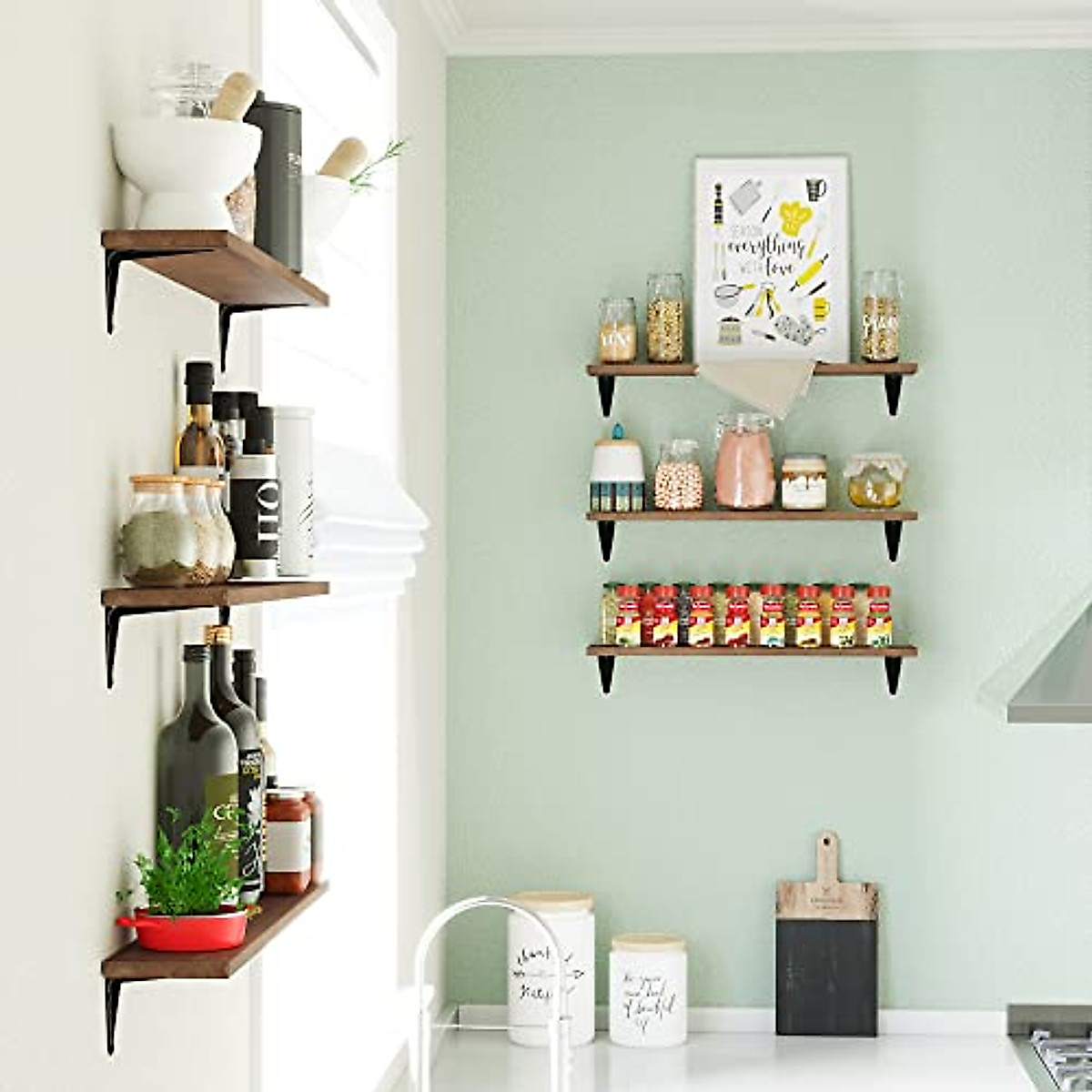 Wallniture Arras Floating Shelves for Wall, Bookshelves & Wall Storage Shelves for Living Room Decor, Office, Bedroom Walnut 24" Bookshelf Set of 6