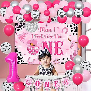 kreat4joy Disco Cowgirl 1st Birthday Decorations, Man I Feel Like I'M One Party Decorations Backdrop, Western Hot Pink Balloons Garland Arch Number 1 Foil Balloon One High Chair Banner for First Rodeo