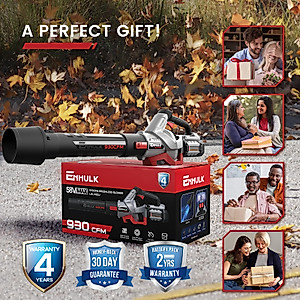 Leaf Blower Cordless, Enhulk 58V Powerful Blower, 930 CFM Max. Brushless Motor, Cruise Control, Turbo Variable-Speeds, CoolBlast Tech, 3 Nozzels, 5.0AH Battery and Charger Included