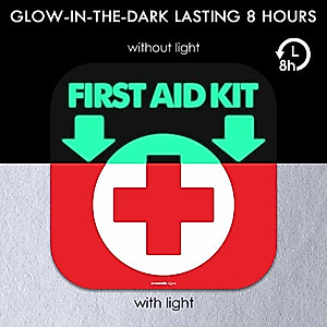 First Aid Kit Sign Glow in The Dark 4 Pack 6"x 6"First Aid Kit Inside Signs Stickers Photoluminescent, Glows for Up to 8 Hours
