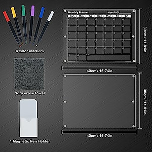 Merrynine 2 Pack Magnetic Calendar for Refrigerator,Acrylic Fridge Calendar,Clear Dry Erase Reusable Planning Boards with 6 Marker Pen,Case,Towel,2 Screw Stickers (16"X12", Monthly + Blank Memo)