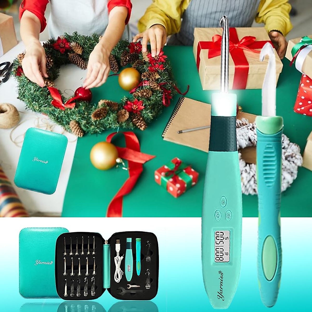 Yarniss 18 Size Counting Crochet Hooks with Light, Digital Counter Crochet Hooks Set with Case (2.0mm~14.0mm)