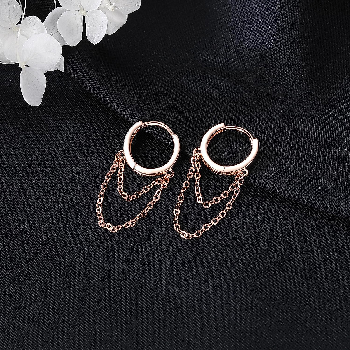 SLUYNZ 925 Sterling Silver Hoop Earrings for Women Minimalist Hoop Earrings Huggie Dangle Chain Tassel (B-Rose Gold Plated)
