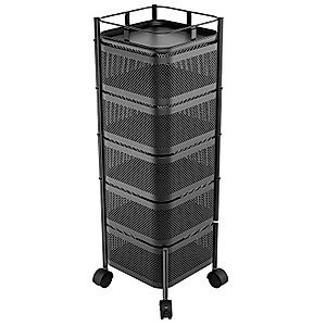 clinmday Rotating Storage Rack for Kitchen, 5-Tier Multi Layer Removable Basket Shelf Organizer on Rolling Wheels Rolling Shelf for Fruit Vegetable Grocery Corns Potato Onion (5-Tier, Black) Black 5-