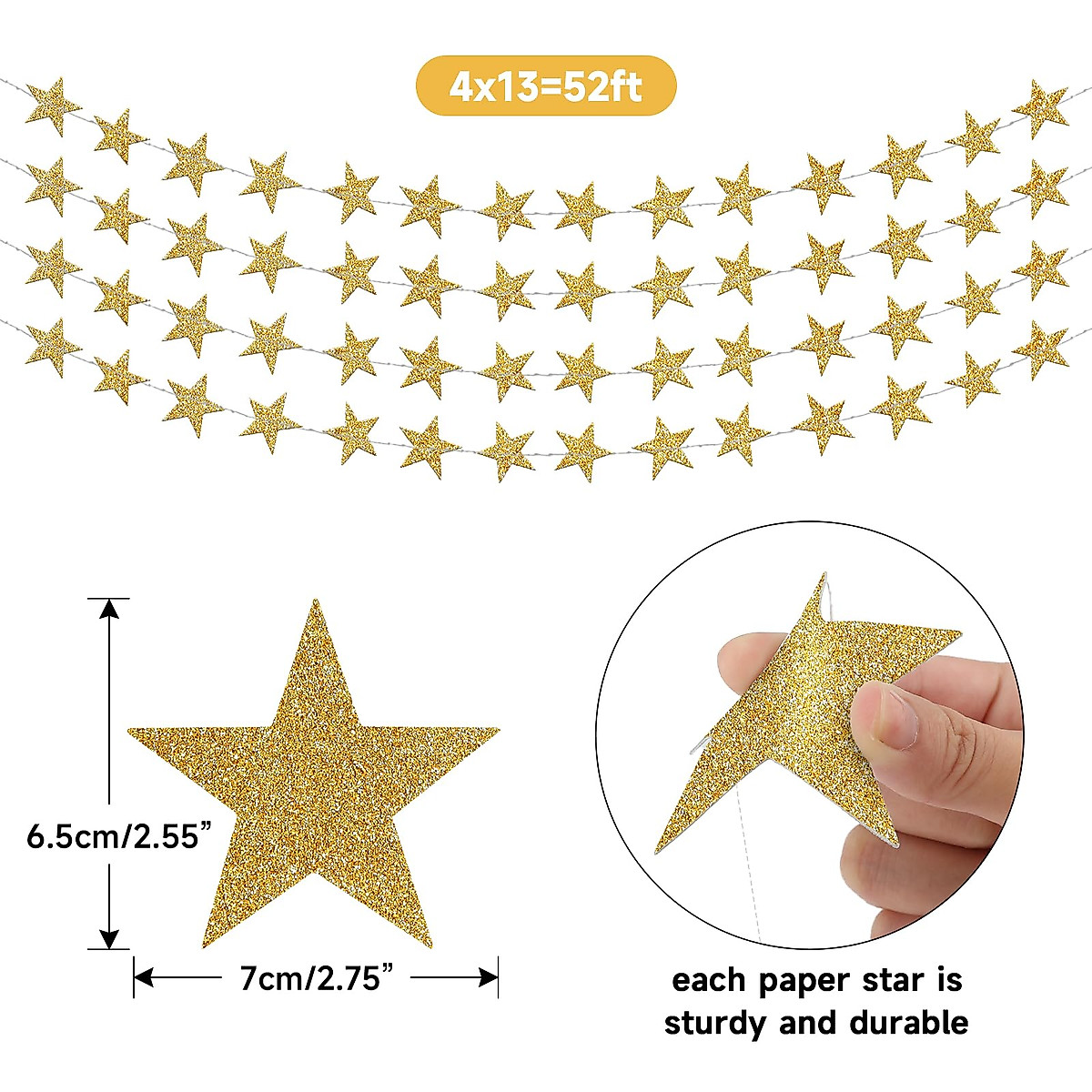 jijAcraft Glitter Gold Star Garland Decorations Hanging Garands Banner Backdrop, 2.7 inch Star Party Decoration for Birthday Baby Shower Wedding Kids Room Ramadan EID Graduation Decor (52 Feet)