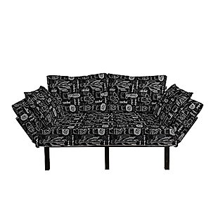 Ambesonne Cactus Futon Couch, Various Outline Style Prickle Plants on Chalkboard Look Background, Daybed with Metal Frame Upholstered Sofa for Living Dorm, Loveseat, Charcoal Grey White