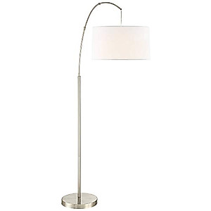 360 Lighting Cora Modern Arched Task Floor Lamp Standing 72" Tall Brushed Nickel Silver Off White Linen Fabric Drum Shade for Living Room Reading House Bedroom Home Decor