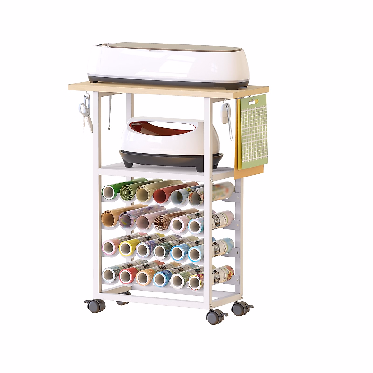 RJOKMT Rolling Craft Storage Cart with Crafting Table Organization Workstation - Compact Removable Design, Craft Storage and Organization Solution with 24 Vinyl Roll Holders (White, 29.3" H)