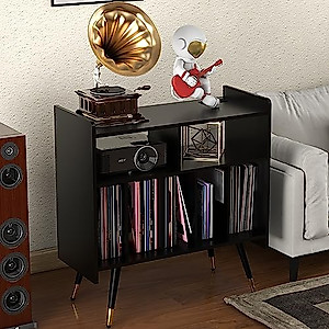 scolyk Large Record Player Stand, Vinyl Record Storage Cabinet with Power Outlet, Record Player Table Holds up to 350 Albums, Mid-Century End Table Turntable Stand for Living Room, Office.