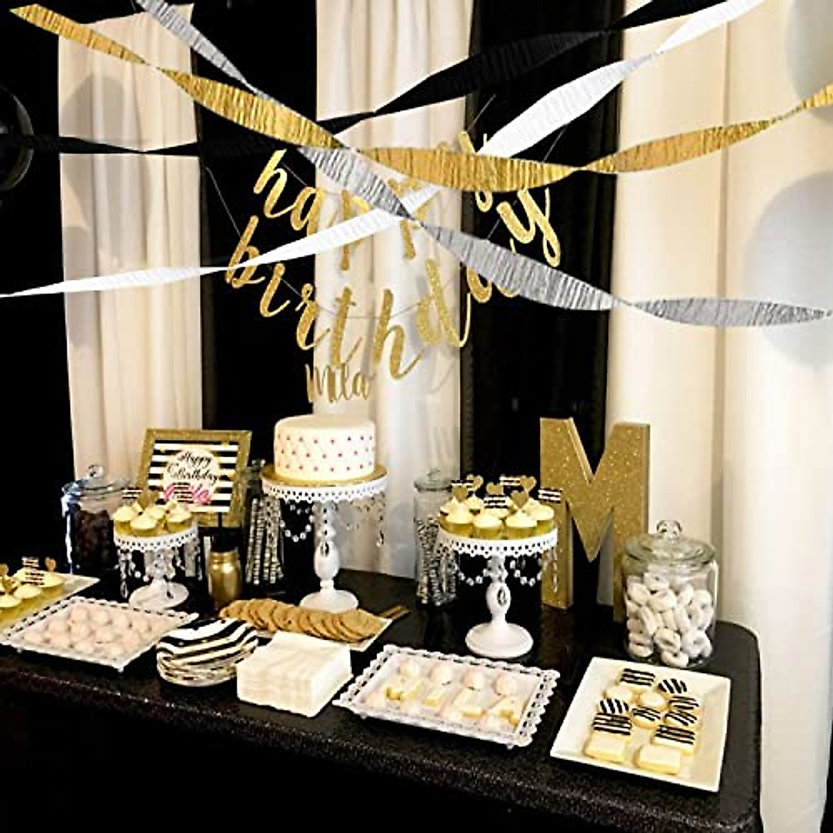White Black Gold Silver Crepe Paper Streamers 6 Rolls for Party Streamers Decorations Birthday Wedding Baby Bridal Shower Backdrop Craft Supplies (1.8 Inch x 82 Ft/Roll，492ft )