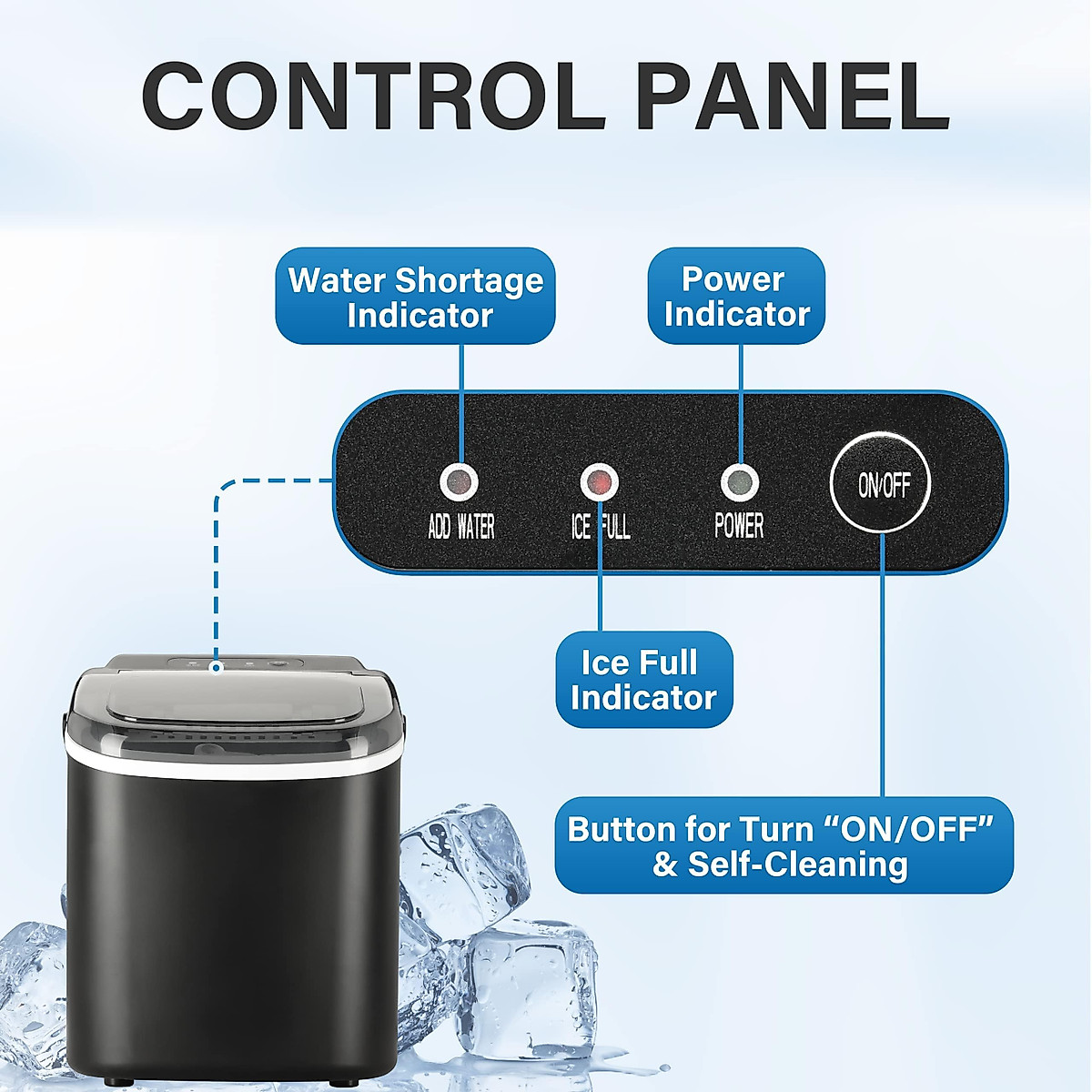 HealSmart Ice Maker for Countertop, 9 Ice Cubes Ready in 6 Mins, 26lbs Ice/24Hrs, with Self-Cleaning Feature, Ice Spoon and Basket, for Home, Kitchen, Camping, Party, Black