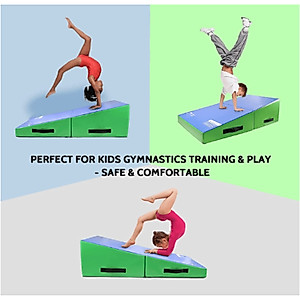 Lucky Shop Incline Gymnastics Mat, 48x24 Inch Foldding Gymnastic Tumbling Mat with Handle, Cheese Wedge Skill Shape, Indoor/Outdoor Exercise Home Gym Yoga for Kids Tumbling, Training, Blue