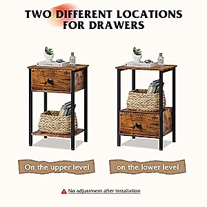 WLIVE Nightstands Set of 2, Bedside Tables with Adjustable Wooden Drawer, 2-Tier Night Stands for Couch, Bed, Sofa, End Table Side Table for Bedroom, Living Room, Rustic Brown