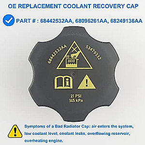 Radiator Coolant Recovery Cap, Replace 68442532AA Compatible with Chrysler Dodge Jeep Ram EcoDiesel - 2014-2021 Cherokee Ram 1500, 2017-2021 Pacifica Compass, 2016-2021 Durango Grand Cherokee, More