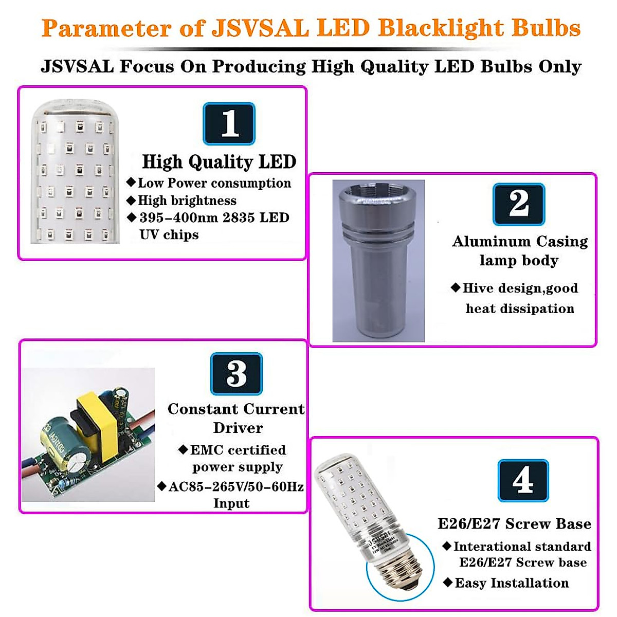 JSVSAL LED Black Lights Bulb Dimmable,10W Blacklight 100W Equivalent, AC 85-265V E26 Medium Base,UVA Level 395-400nm,Glow in The Dark for Body Paint,Blacklights Party,Fluorescent Poster (2-Pack)