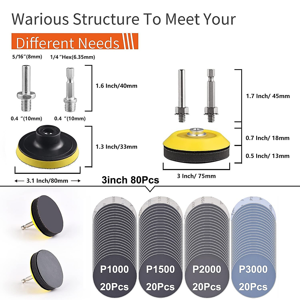 98Pack 3 Inch Car Buffer Polisher Kit with 5/16" & 1/4" Shanks for Sanding, Polishing, Waxing, Sealing Glaze,Sanding Pads Includes P1000-3000 for Drill Attachment