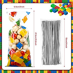 100 Pcs Building Block Cellophane Treat Bags, Color Bricks Theme Building Block Candy Goodie Bags Plastic Party Favor Bags with 100 Silver Twist Ties for Birthday Party Supplies (Clear Background)