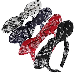 Lvyeer 4 Pack Bandana Headbands for Women Bow Headbands for Women Paisley Print Bowknot Headband Rabbit ear Headwrap Cute Hairband Hair Accessories for Women and Girls (Style1 (White, Red, Navy