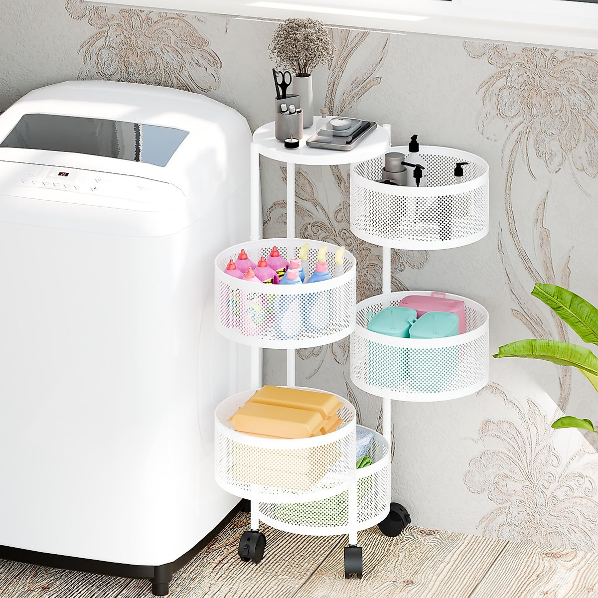 pofluany 3/4/5 Tier Rotating Storage Rack, Fruit Basket for Kitchen, Large Storage Rack with Wheels, Circular Rotating Basket, Fruit and Vegetable Metal Wire Shelf with Top Lid Four Layer