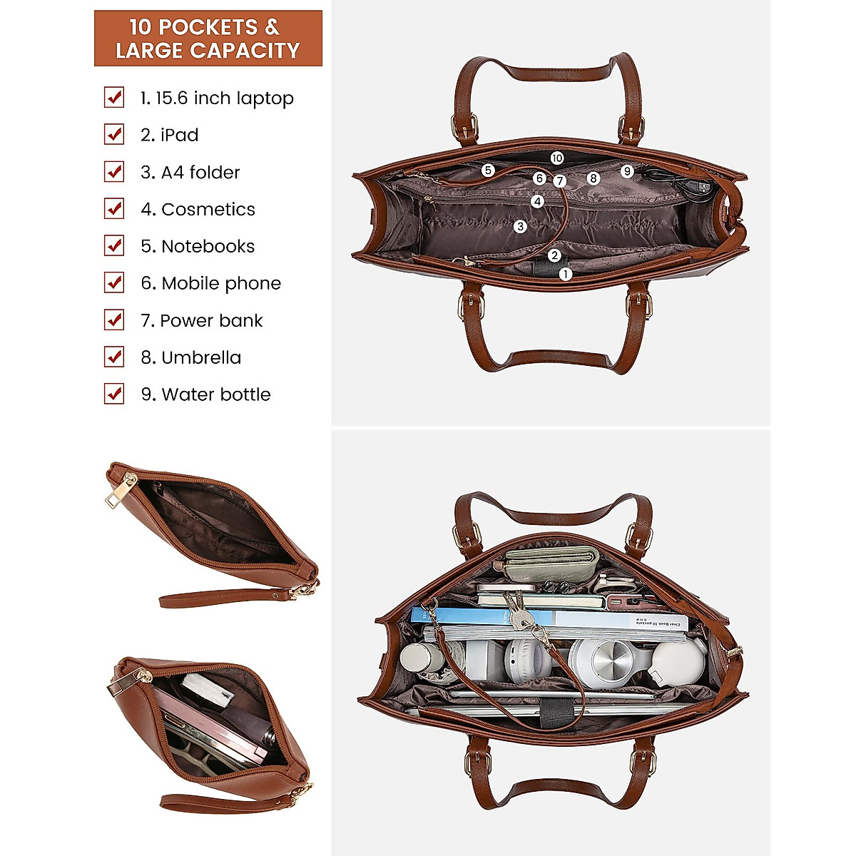 LOVEVOOK Laptop Bag for Women, 15.6 Inch Large Waterproof PU Leather Computer Tote Bag for Work Business Office Travel with USB Charging Port, Fashion Waterproof Shoulder Bag Handbag Purse, Brown