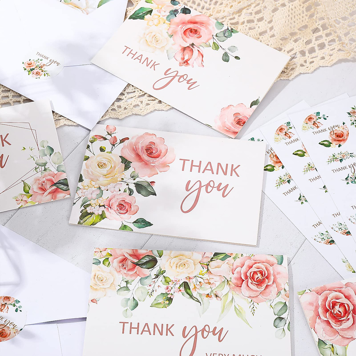 AnyDesign 32 Pack Thank You Cards with Envelopes Stickers Blush Floral Blank Note Cards Bulk 4 Design Flower Thank You Greeting Cards for Wedding Baby Shower Bridal Shower and All Occasions, 4 x 6